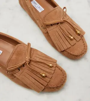 JIMMY CHOO Manon Fringed Suede Boat Shoes - Brown