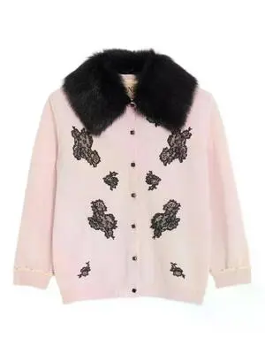 Valentino Garavani Lace-embellished Shearling-collar Cardigan - Pink