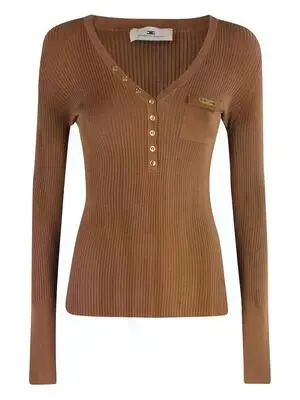 Elisabetta Franchi Ribbed Button-placket Top - Brown