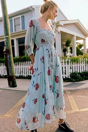 Free People Morning Meadows Long-sleeve Maxi Dress - Pastel Blue Combo