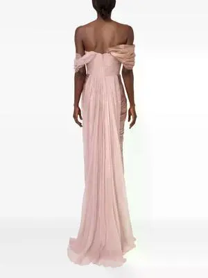 IRIS SERBAN Pleated Metallic Lace Maxi Dress
