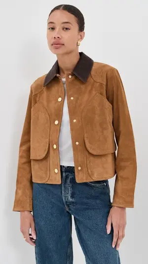 Veronica Beard Walters Cropped Leather Barn Jacket - Whisky