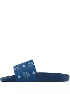 Mcm Monogram-print Slides - Blue