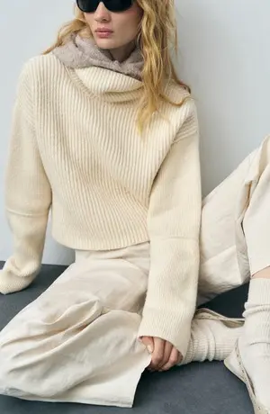 Mango Turtleneck Cotton & Wool Rib Sweater