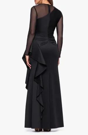 XSCAPE EVENINGS Mesh Long Sleeve Ruffled Scuba Gown