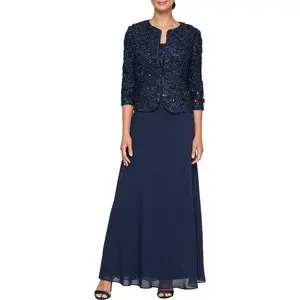 Alex Evenings Sequin Soutache Lace Empire Waist Chiffon Gown With Jacket - Navy