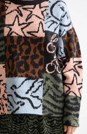 Scotch & Soda Oversize Jacquard Pullover Sweater - Leopard Patchwork Jacquard