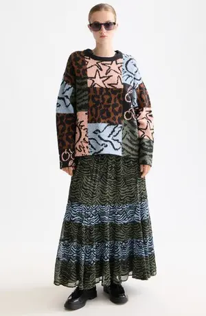 Scotch & Soda Oversize Jacquard Pullover Sweater - Leopard Patchwork Jacquard