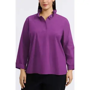 Foxcroft Tammy Ruffle Collar Cotton Blend Top Fig