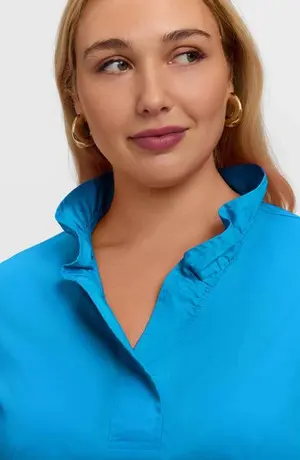 Foxcroft Tammy Ruffle Collar Cotton Blend Top - Malibu
