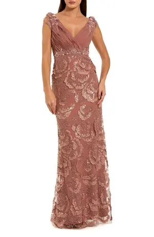Mac Duggal Floral Beaded Chiffon V-neck Gown - Rose