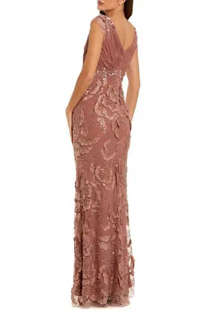 Mac Duggal Floral Beaded Chiffon V-neck Gown