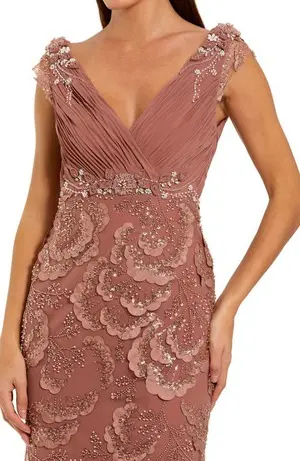 Mac Duggal Floral Beaded Chiffon V-neck Gown