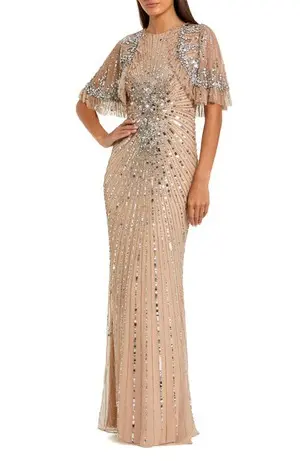 Mac Duggal Beaded Mesh Fitted Capelet Gown