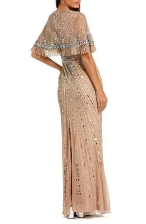 Mac Duggal Beaded Mesh Fitted Capelet Gown