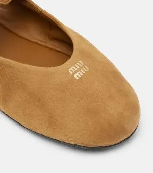 Miu Miu Ruches Suede Mary Jane Flats - Beige