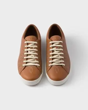 Prada Aged-effect Leather Low Top Sneakers - Cognac