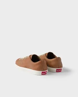 Prada Aged-effect Leather Low Top Sneakers - Cognac