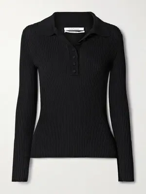 Another Tomorrow Ribbed-knit Polo Sweater