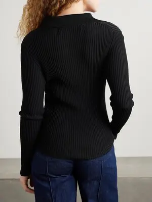 Another Tomorrow Ribbed-knit Polo Sweater