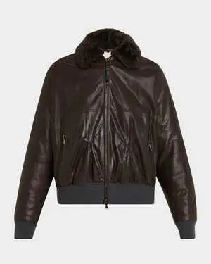 Brunello Cucinelli Leather Biker Jacket With Shearling Collar - Coffee