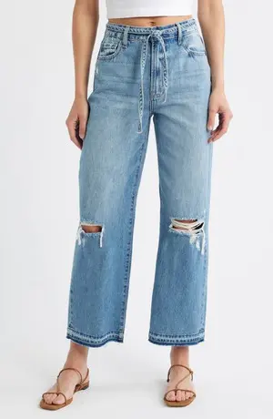 HIDDEN JEANS Belted Ripped Straight-leg Jeans