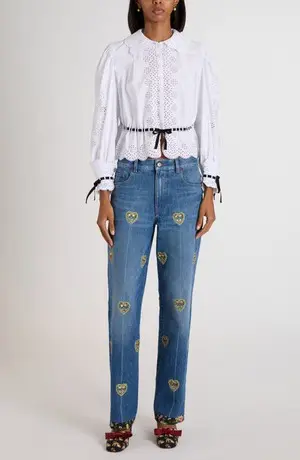 Valentino Garavani Heart Embroidered Jeans
