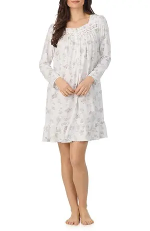 Eileen West Long Sleeve Short Cotton Nightgown - White/grey