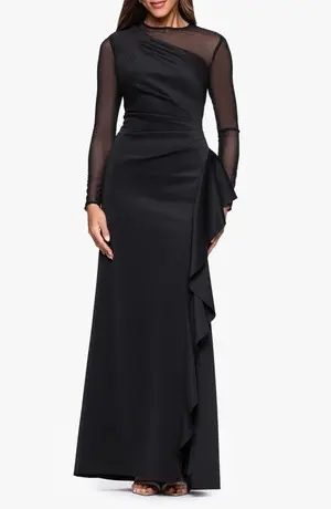 XSCAPE EVENINGS Mesh Long Sleeve Ruffled Scuba Gown