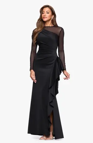 XSCAPE EVENINGS Mesh Long Sleeve Ruffled Scuba Gown
