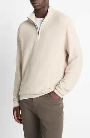 Vince Geometric Jacquard Wool & Cashmere Quarter Zip Pullover - British Khaki/classic