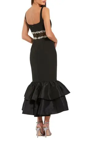 Mac Duggal Crepe Midi Dress With Jewel Detail And Ruffle Hem