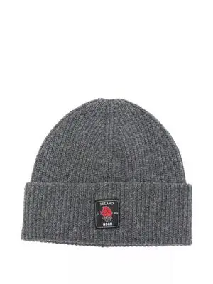 MSGM Ribbed Beanie With Rose Patch Grey