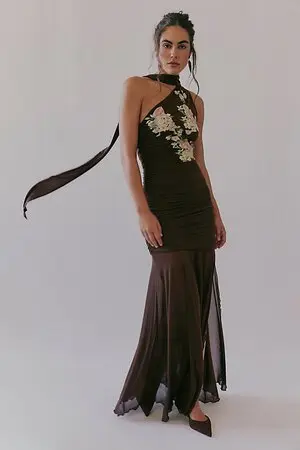 SAEMDI Embroidered One-shoulder Dress - Chocolate