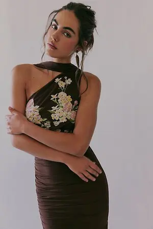 SAEMDI Embroidered One-shoulder Dress - Chocolate