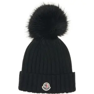 Moncler Virgin Wool Ribbed Beanie With Faux Fur Pom-pom - Black