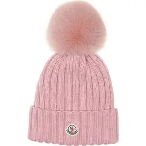 Moncler Virgin Wool Ribbed Beanie With Faux Fur Pom-Pom Smooth Rose