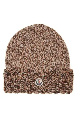 Moncler Logo Patch Ribbed Wool Beanie - Brown/beige Multi