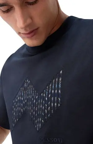Missoni Short Sleeve T-shirt With Geometric Zigzag Insert And Logo - Blue