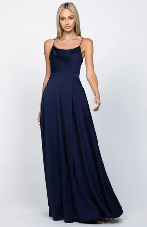 BARIANO Diamond Cowl Wrap Gown - Navy