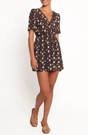 PETAL & PUP Raschelle Faux Wrap Romper - Brown Ditsy