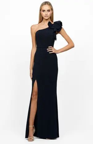BARIANO Kristi One Shoulder Gown - Navy