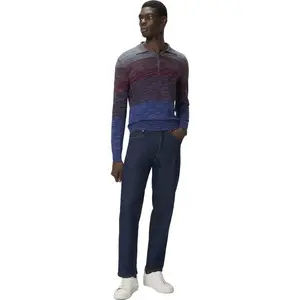 Missoni Long Sleeve Polo In Pure Wool With Flame Pattern - Red & Blue