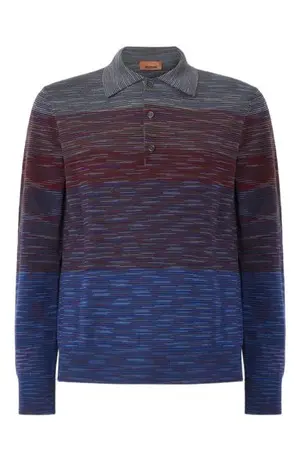 Missoni Long Sleeve Polo In Pure Wool With Flame Pattern - Red & Blue