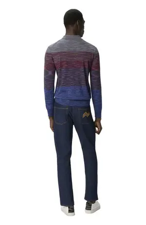 Missoni Long Sleeve Polo In Pure Wool With Flame Pattern - Red & Blue