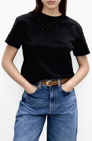 Mango Embroidered Openwork Cotton T-shirt - Black