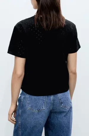 Mango Embroidered Openwork Cotton T-shirt - Black