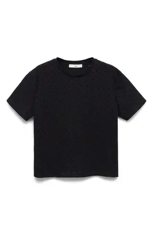 Mango Embroidered Openwork Cotton T-shirt - Black