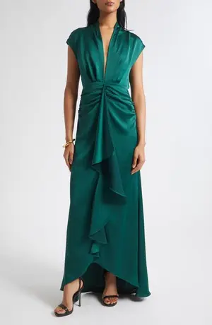 Ramy Brook Catrin Plunge Neck Satin Gown - Deep Emerald