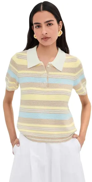 LE BOP Striped Boucle Knit Polo Shirt - Sand Multi